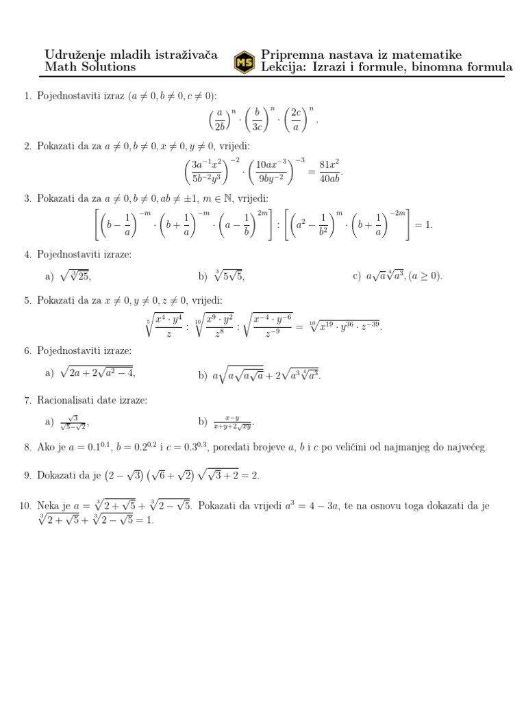 MathSolutions - Izrazi I Formule, Binomna Formula | PDF