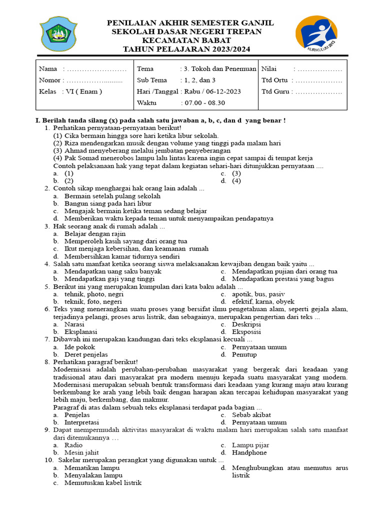 Naskah Soal Pas Tema 3 Kelas 6 Tapel 2023-2024 | PDF