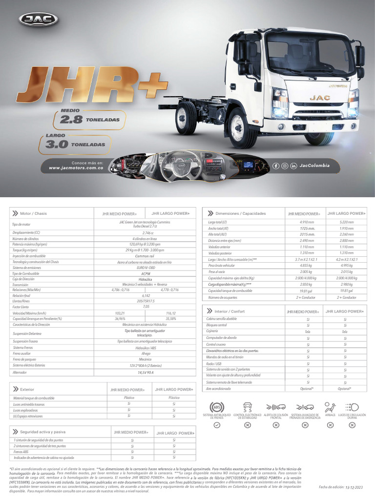 Ficha Tecnica JAC JHR M-L | PDF | Sistema de freno antibloqueo | Vehículo de motor