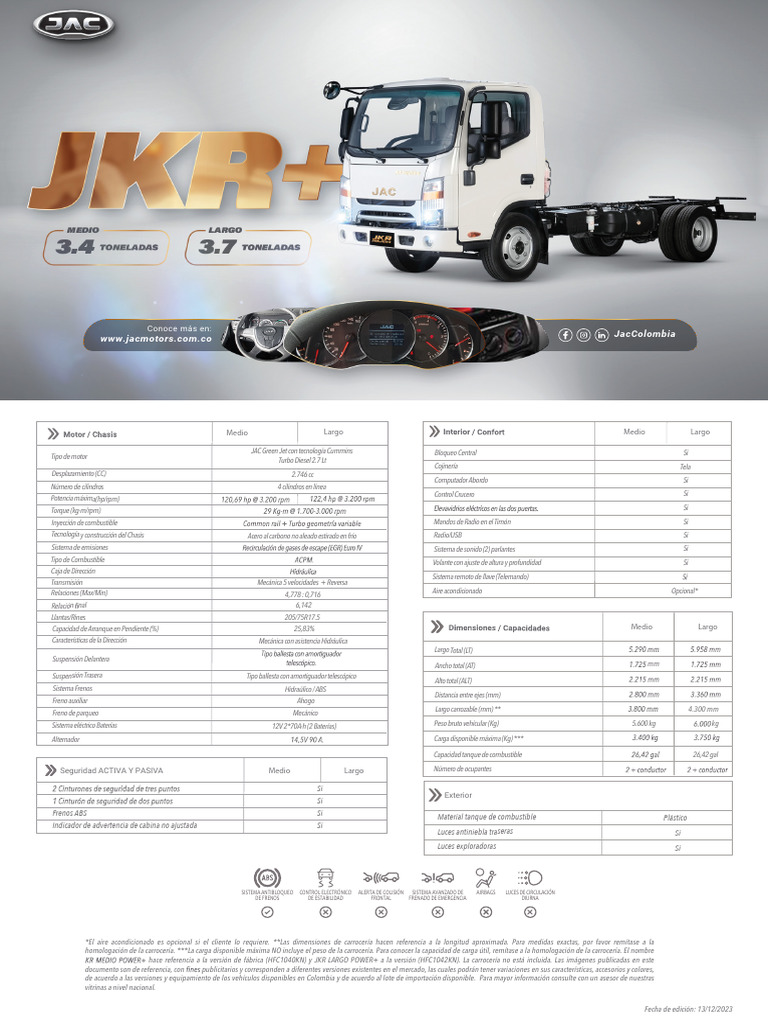 Ficha Tecnica JAC JKR M-L | PDF | Sistema de freno antibloqueo | Vehículo de motor