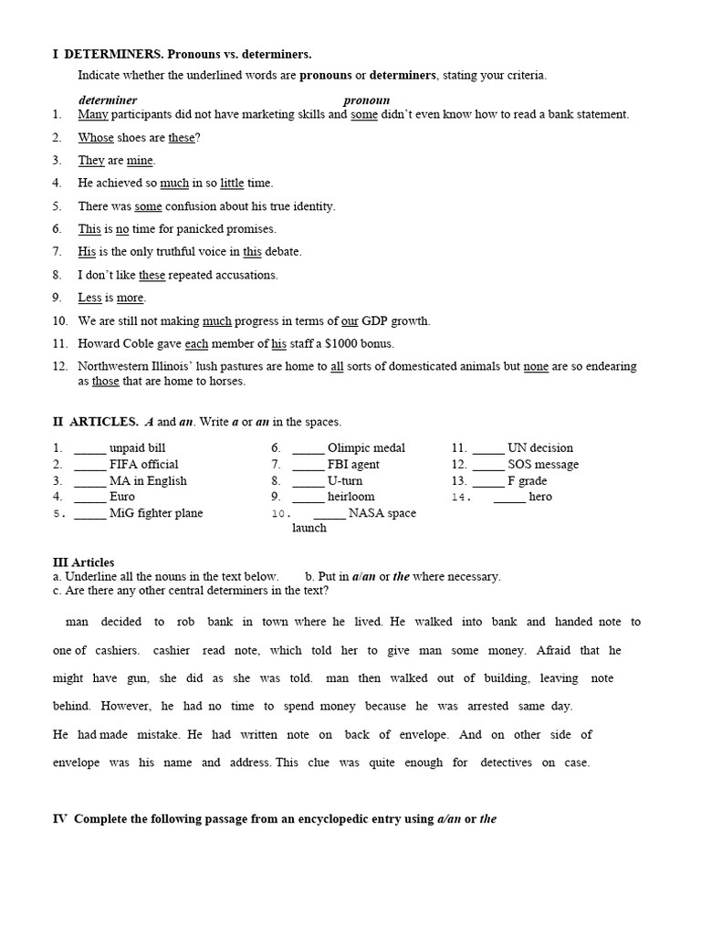 Determiners and Articles Exercises | PDF