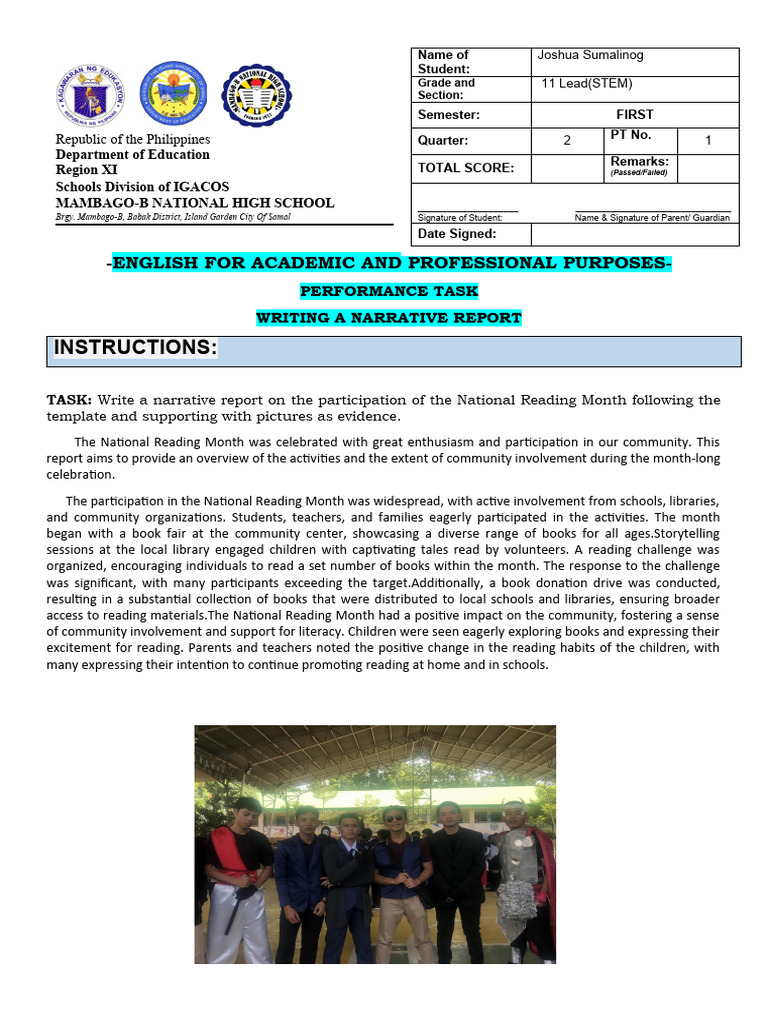 Performance Task - Eapp Q1M5 Narrative Report | PDF | Literacy | Learning