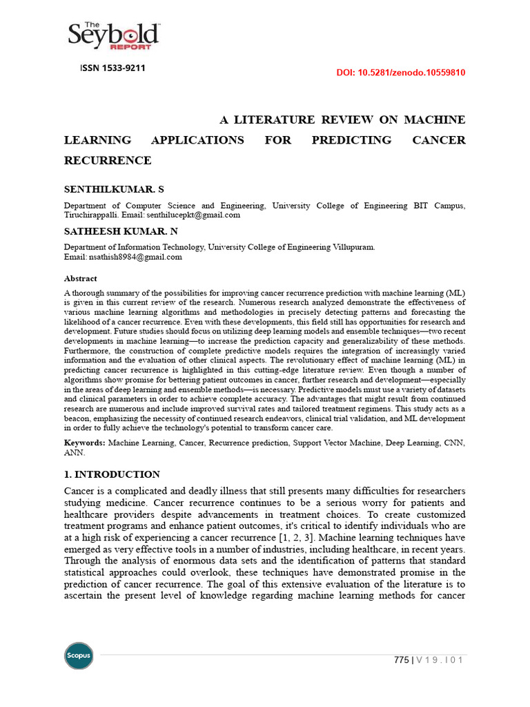 Shaping The Future A Literature Review On Machine Learning Applications For Predicting Cancer