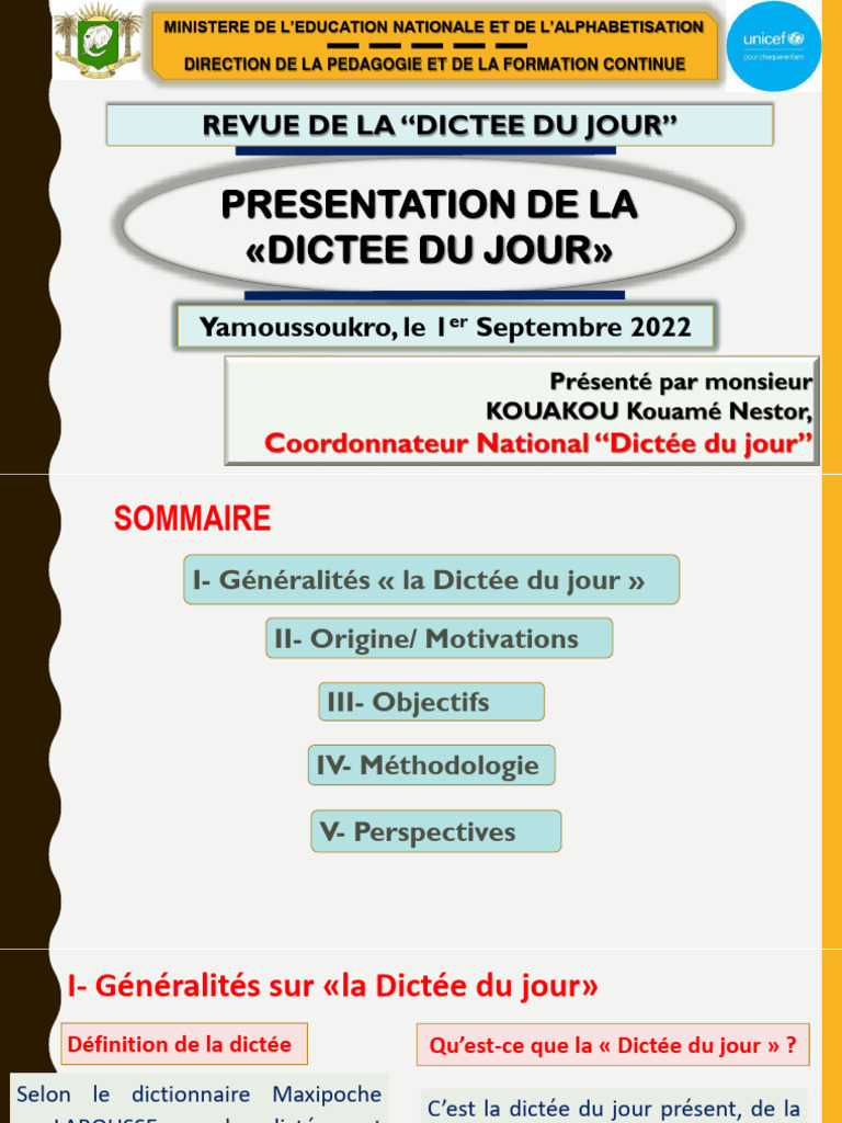 Présentation de la Dictée du Jour | PDF | Pédagogie | Apprentissage