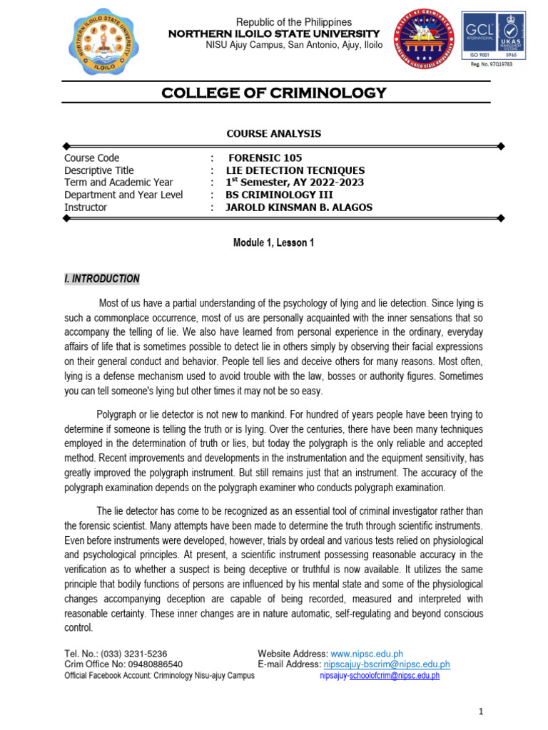 Module I in Lie Detection Techniques | PDF | Polygraph | Hypnosis