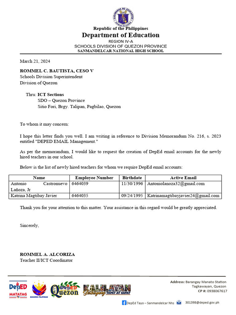 Request for DepEd Email Accounts | PDF