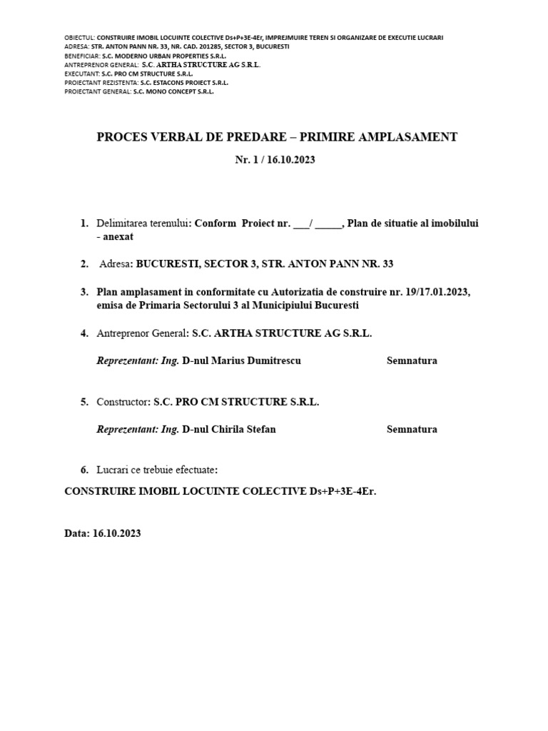 Proces Verbal de Predare Primire Amplasament | PDF