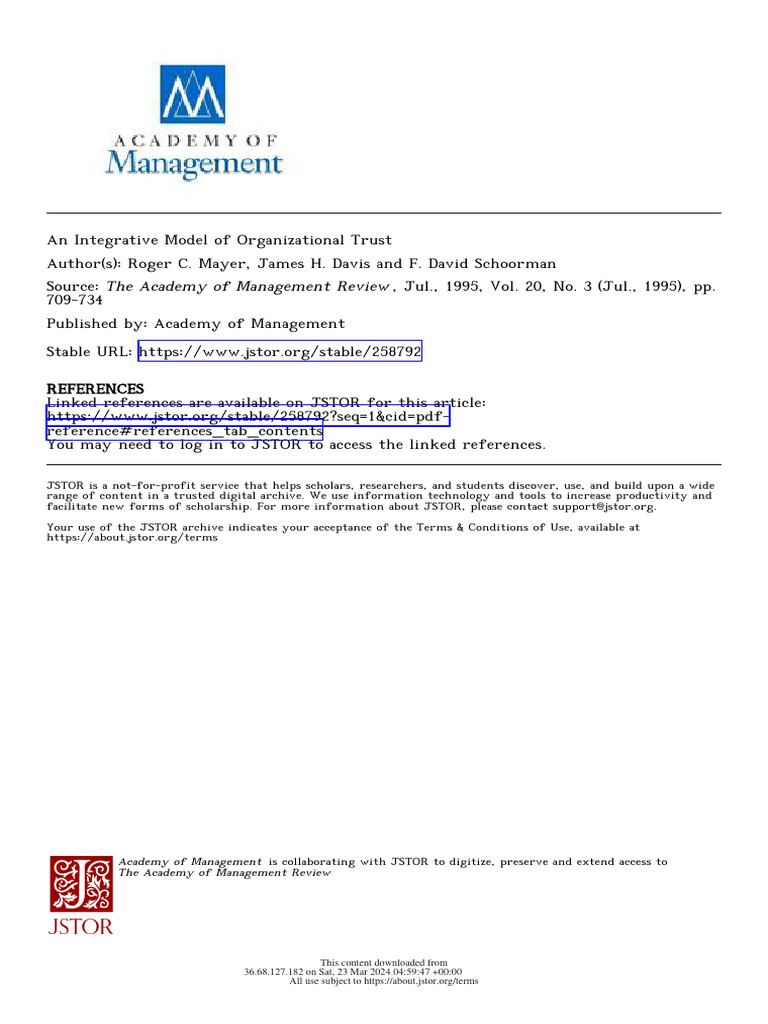 Mayer IntegrativeModelOrganizational 1995 | PDF | Risk | Integrity