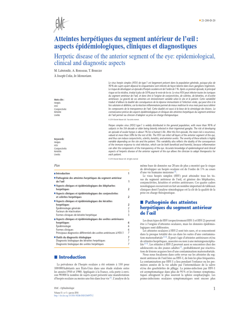 Atteintes Herpétiques Du Segment Ant Diag | PDF