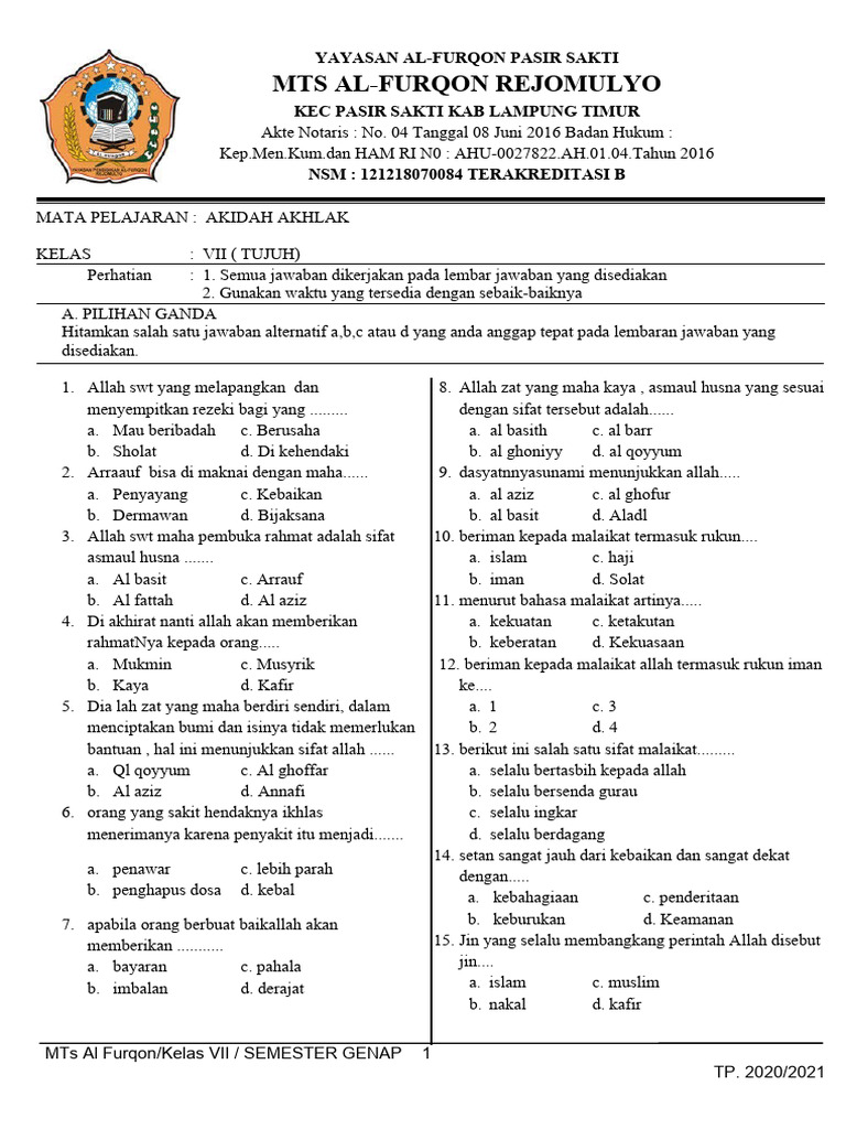 Soal Akidah Aklak 7 | PDF