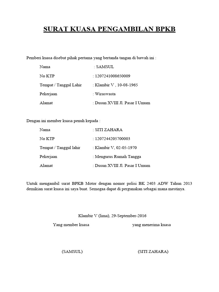 SURAT KUASA PENGAMBILAN BPKB | PDF
