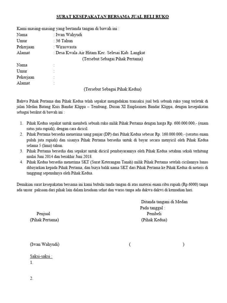 Surat Kesepakatan Bersama Jual Beli Ruko | PDF