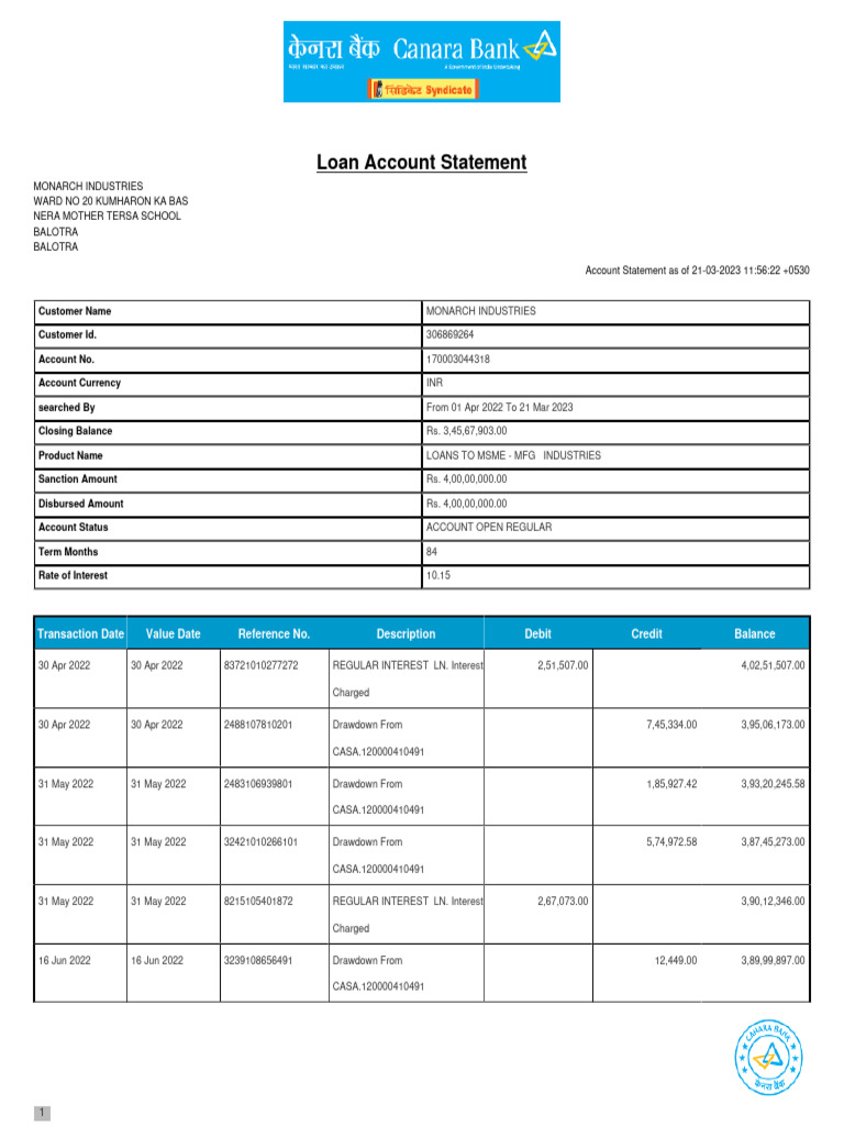Loan Account 1st Apr 2022 To 21 March 2023 | PDF | Debits And Credits ...