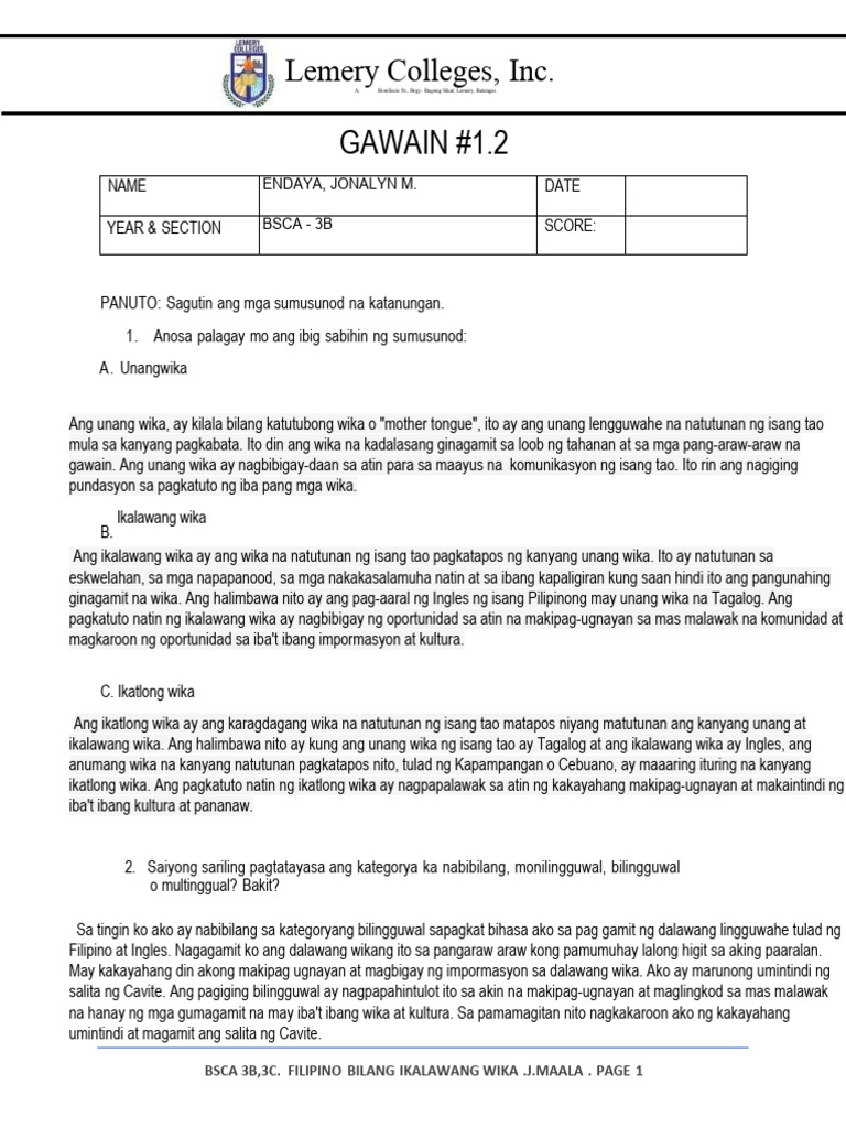 GAWAIN 1.2 FILIPINO BILANG IKALAWANG WIKA - Docx Jonalyn Endaya | PDF