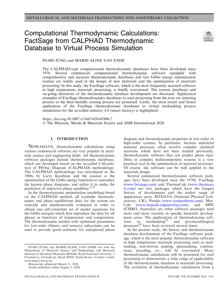Computational Thermodynamic Calculations: Factsage From Calphad Thermodynamic Database To ...
