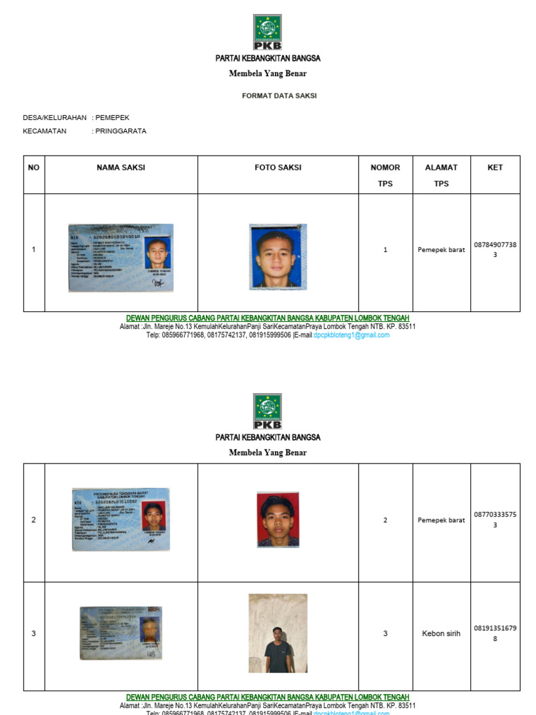 Data Saksi PKB Lombok Tengah | PDF