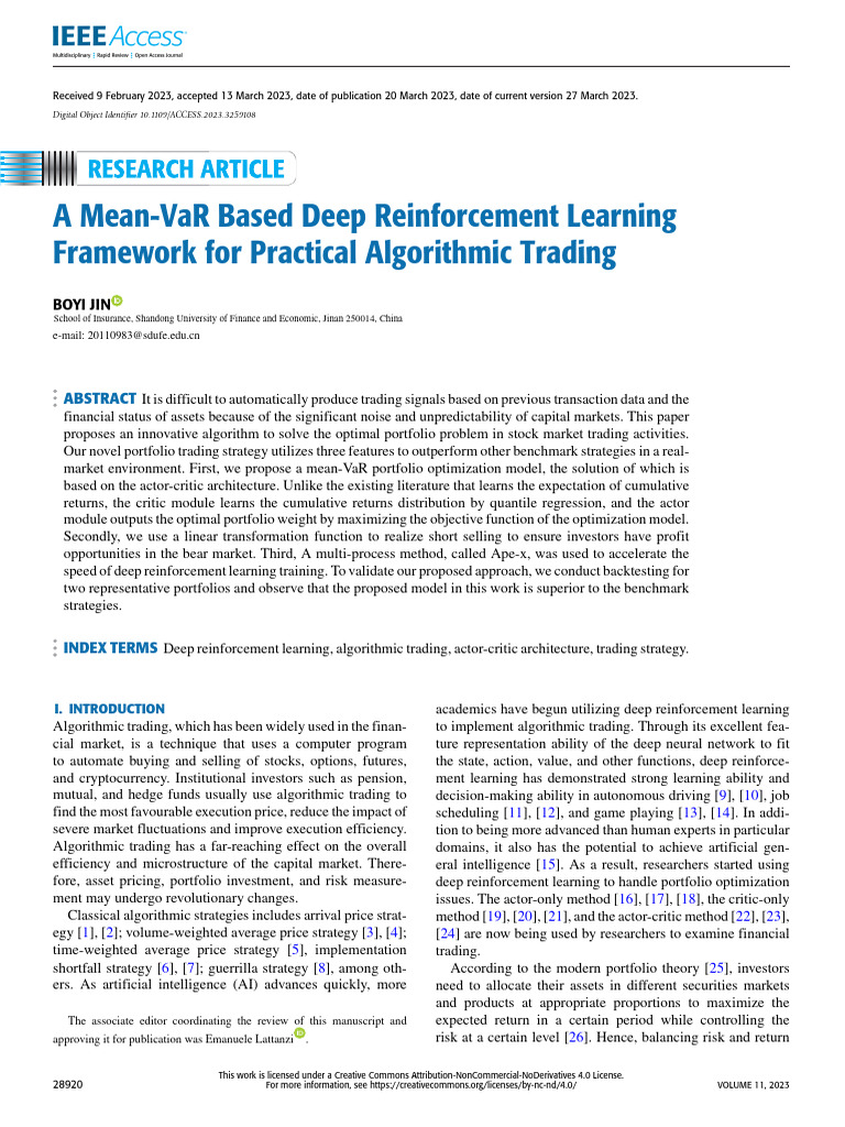 A Mean-VaR Based Deep Reinforcement Learning Framework For Practical Algorithmic Trading | PDF ...
