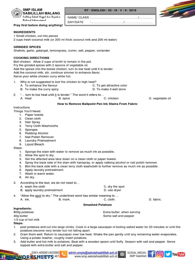 Procedure Text Worksheet | PDF | Curry | Camera