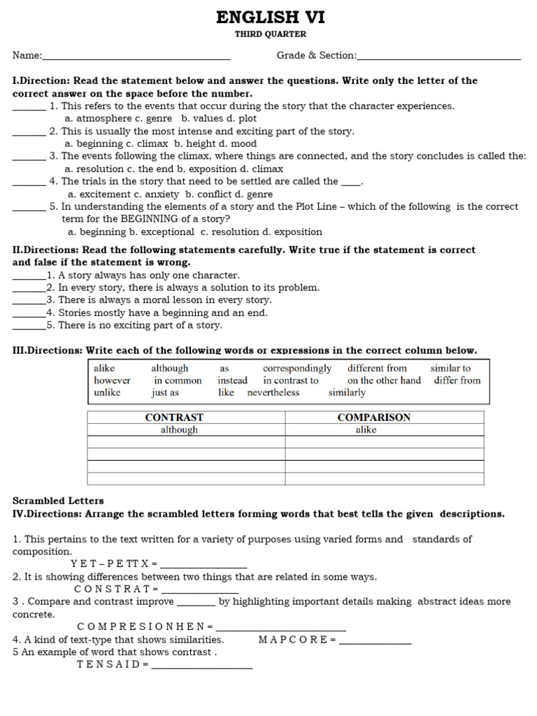 ENGLISH-VI-WORKSHEETS-FOR-MARCH-6-82024 | PDF | Plot (Narrative ...
