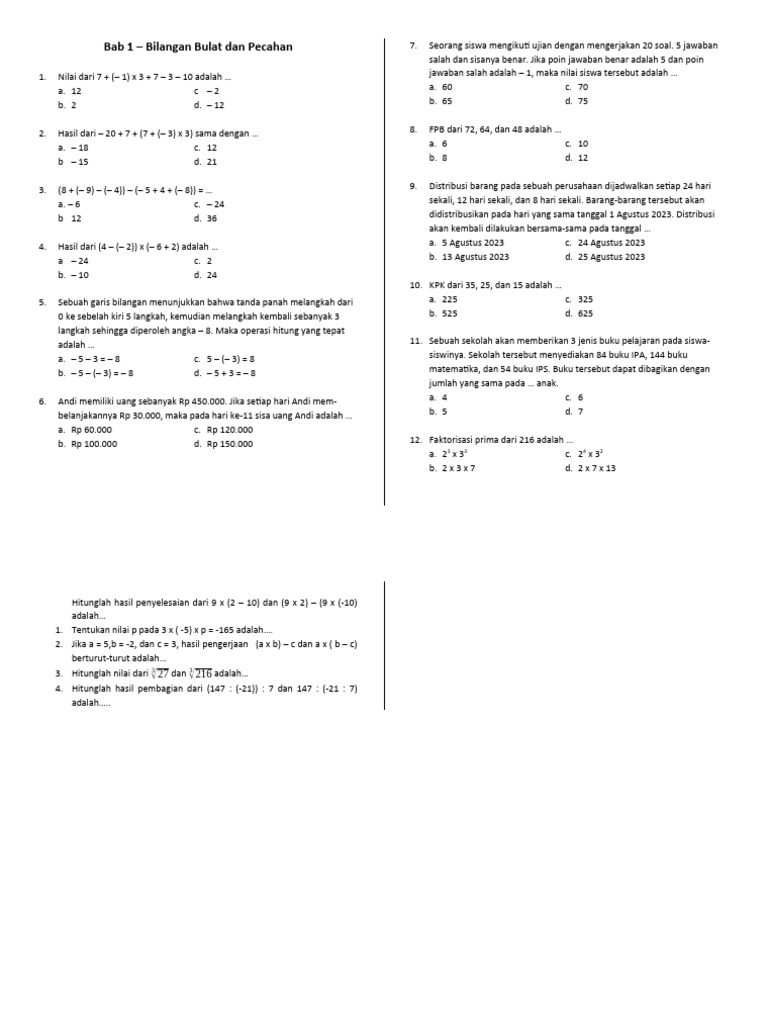 Lat Soal MTK - Bilangan Bulat Dan Pecahan (Kelas 7) | PDF | Metode & Bahan Ajar