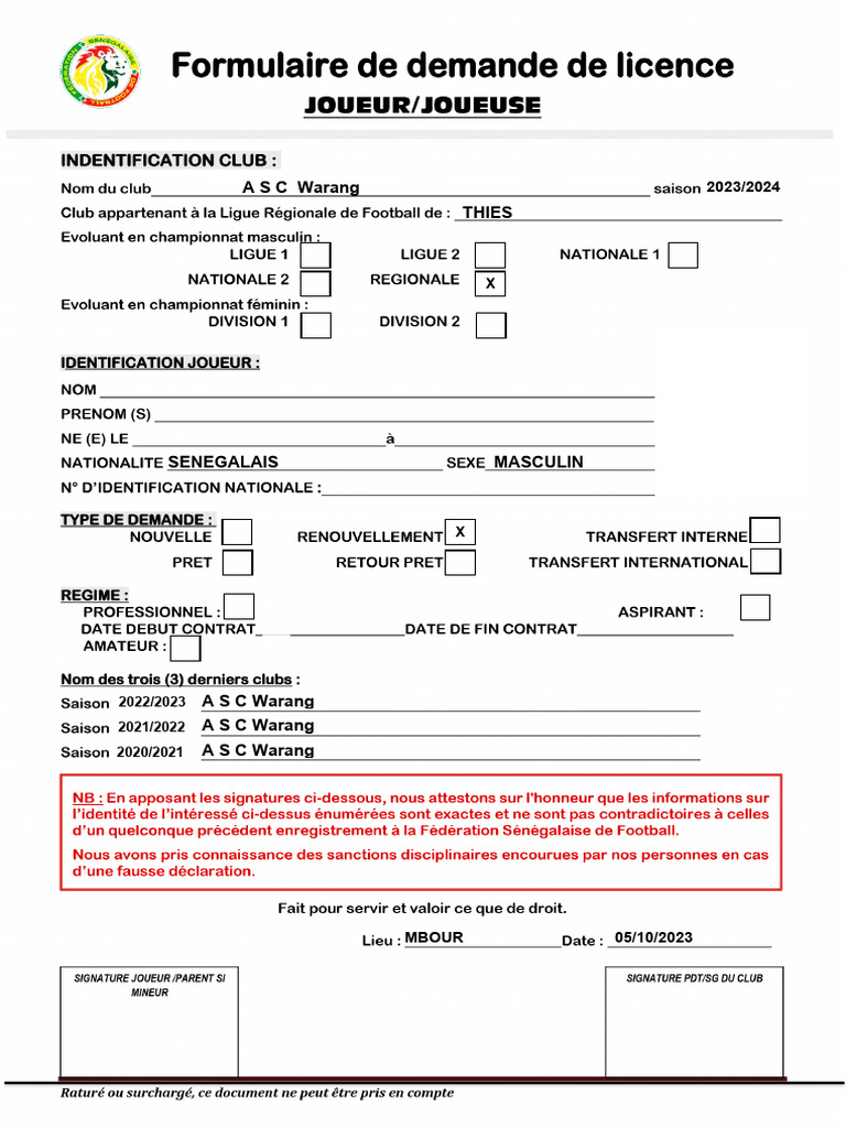 Fiche de Demande de Licence Joueur Word (1) | PDF