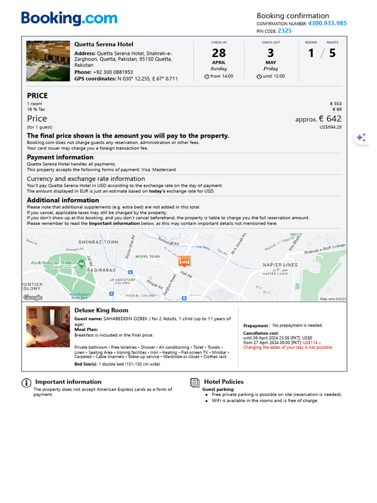 Quetta Serena Hotel Booking Confirmation | PDF | Payments | Exchange Rate