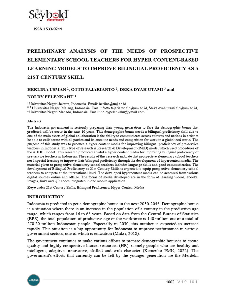 Preliminary Analysis of The Needs of Prospective Elementary School ...