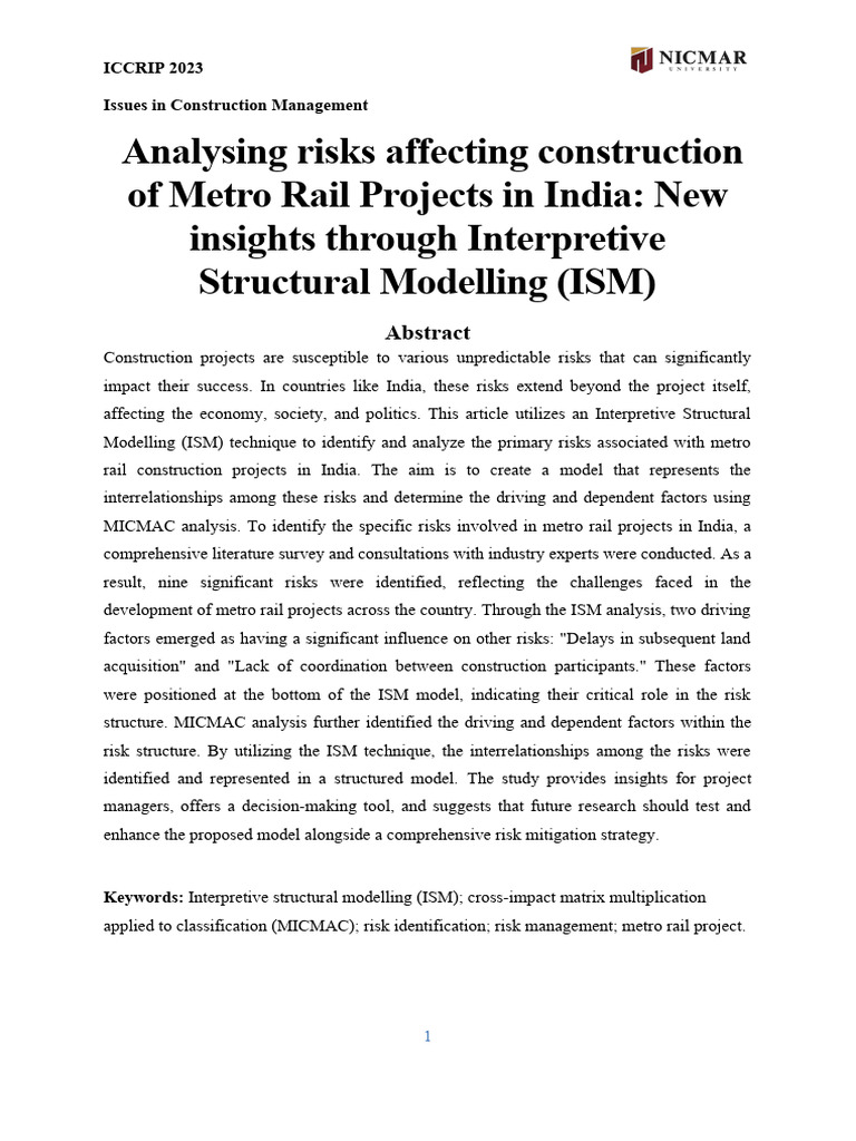 Analysing Risks Affecting Construction of Metro Rail Projects in India - New Insights Through in ...