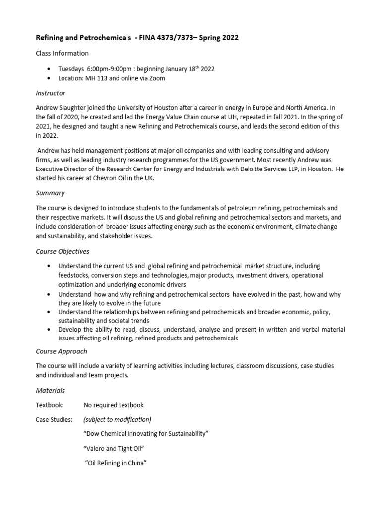 FINA 7373 Petrochemical Refining Economics - Spring 2022 - Slaughter ...