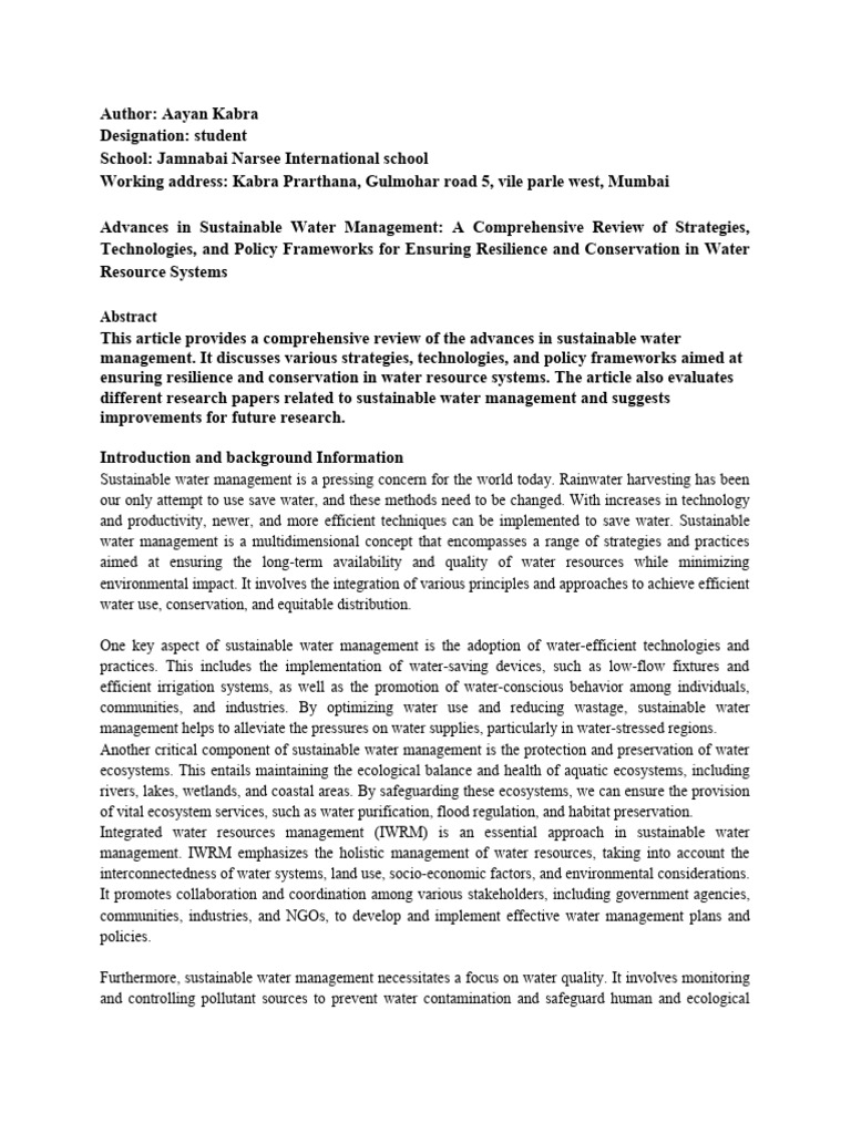 Review Paper On WATER MANAGEMENT | PDF | Water Resources | Artificial ...