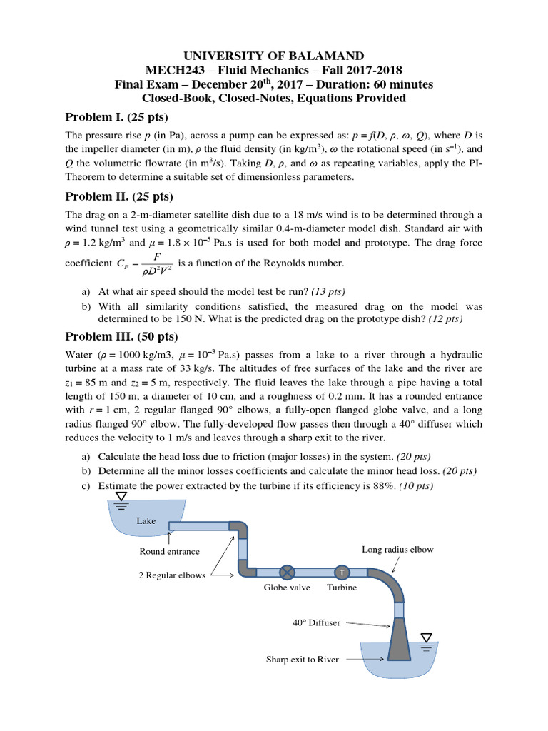 Fluid Mechanics Final Exam 2017 | PDF | Drag (Physics) | Reynolds Number