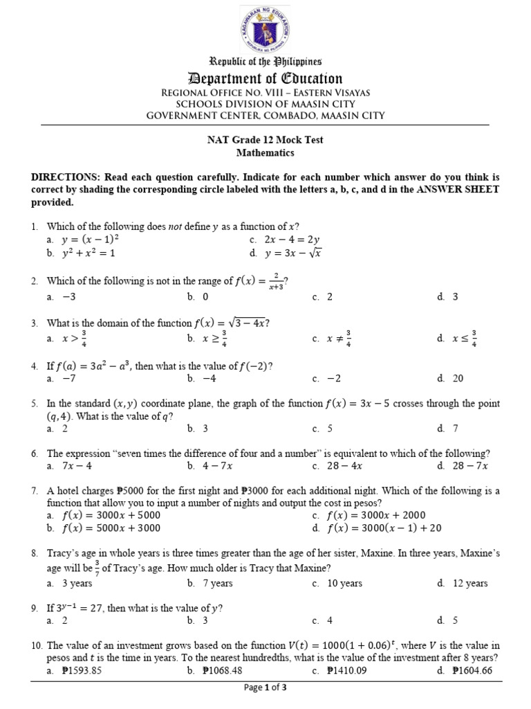 Mathematics NAT Questionnaire | Download Free PDF | Trigonometric ...
