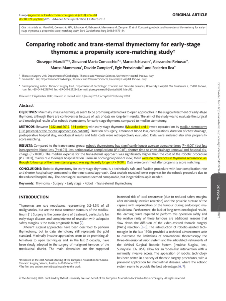 Comparing robotic and trans-sternal thymectomy for early-stage thymoma ...