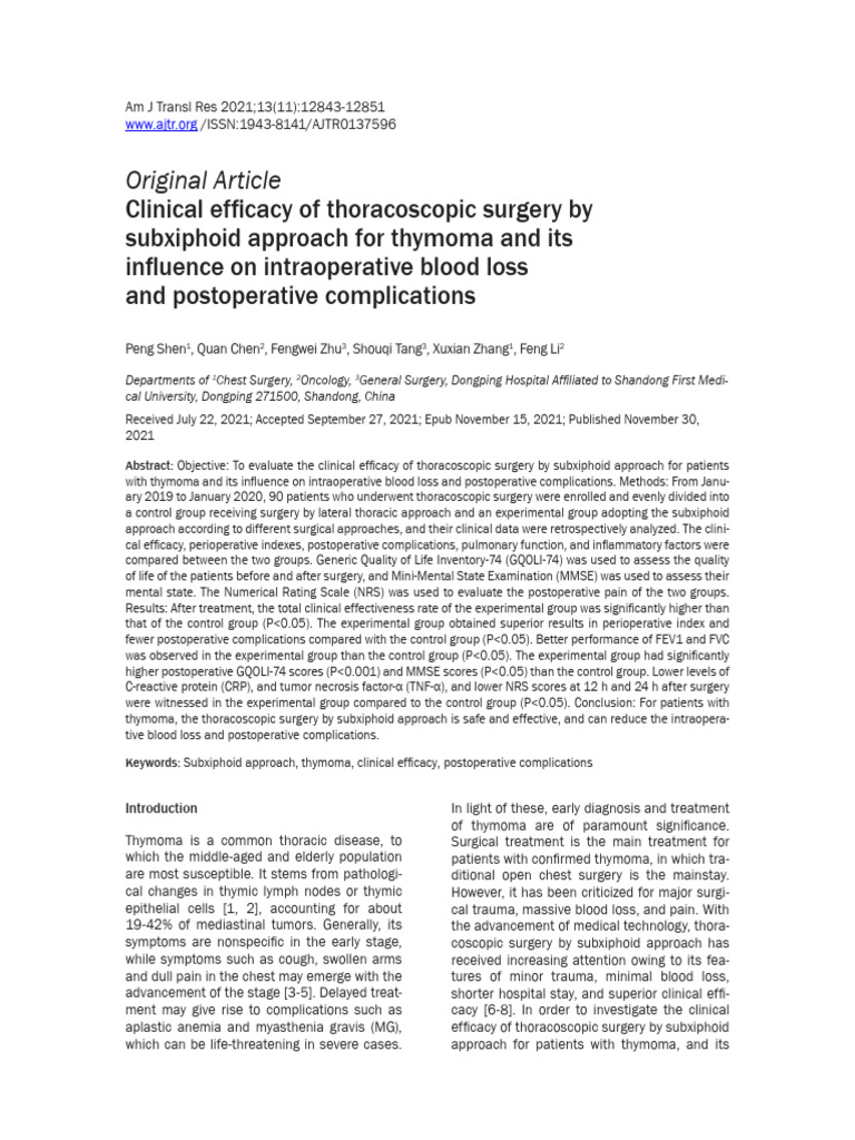 Clinical Efficacy Of Thoracoscopic Surgery By Subxiphoid Approach For
