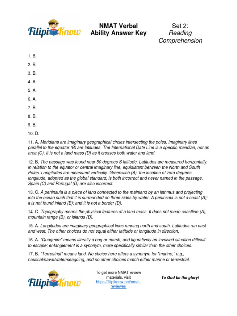 NMAT Verbal Ability Answer Key Set 2 | PDF | Latitude | Longitude