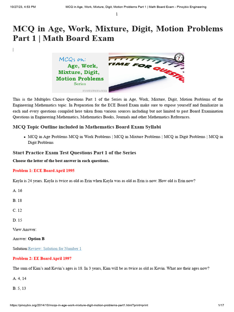 MCQ in Age, Work, Mixture, Digit, Motion Problems | Download Free PDF | Multiple Choice | Ounce