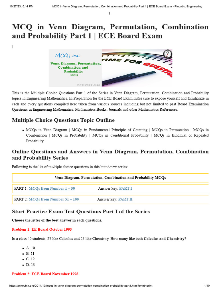 MCQ in Venn Diagram, Permutation, Combination and Probability | PDF | Multiple Choice