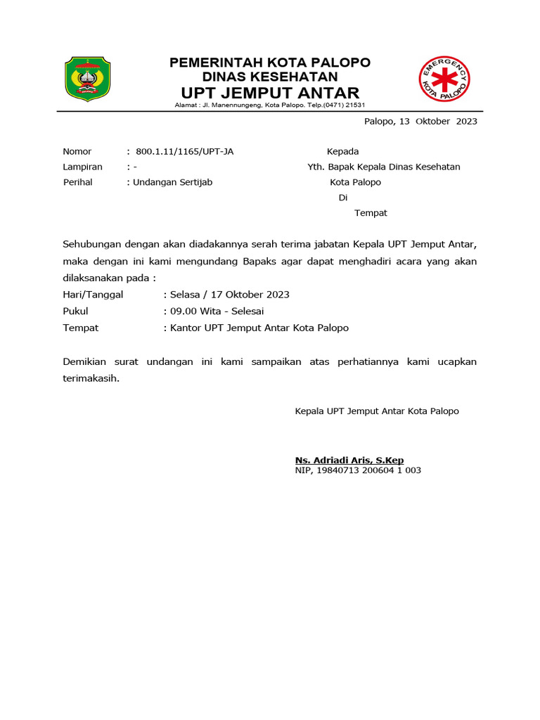 Undangan Sertijab UPT Jemput Antar Palopo | PDF