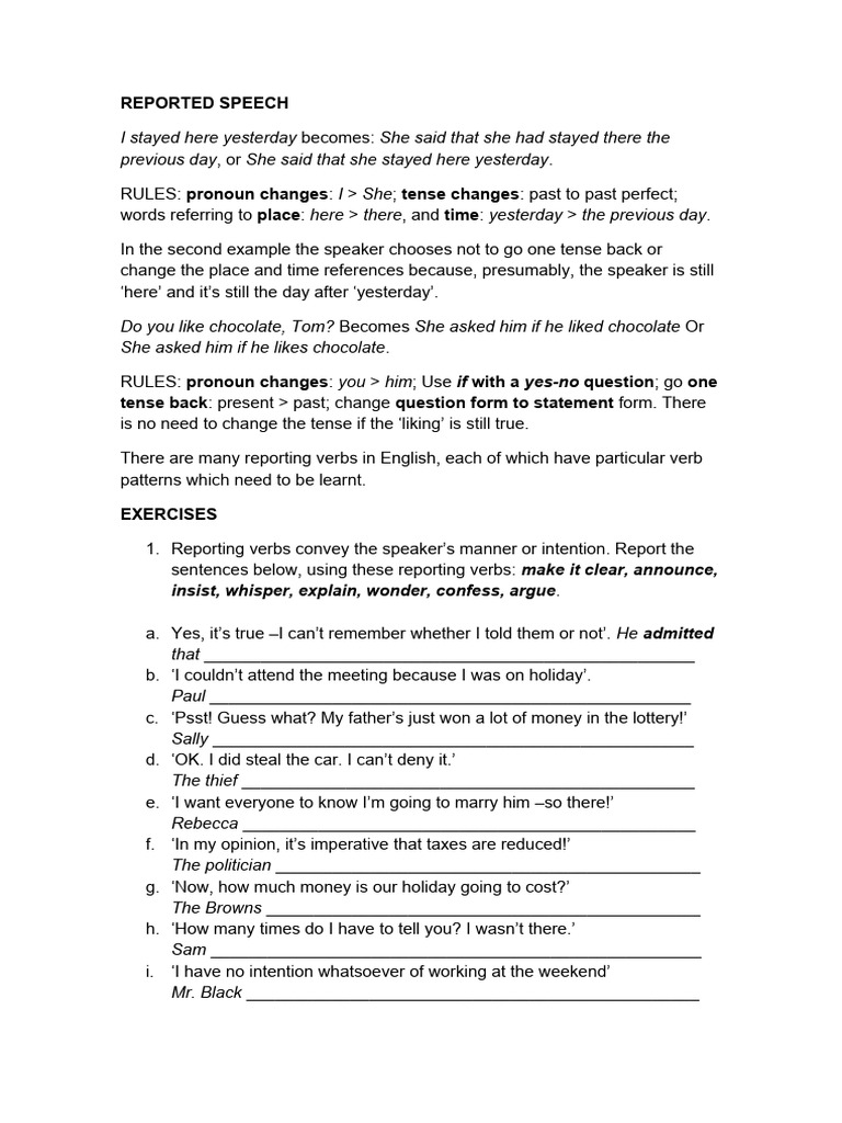 REPORTED SPEECH (1) | PDF | Grammatical Tense | Verb