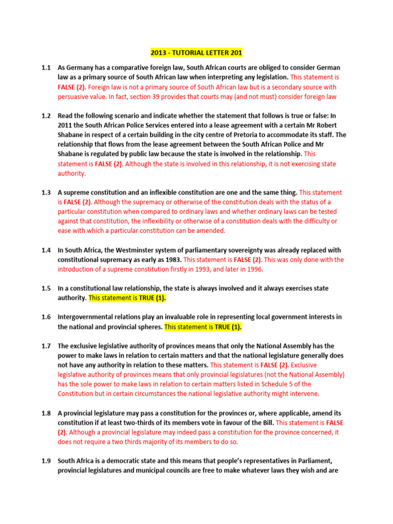 2013 Tutorial Letter 201 | PDF | Separation Of Powers | Constitution