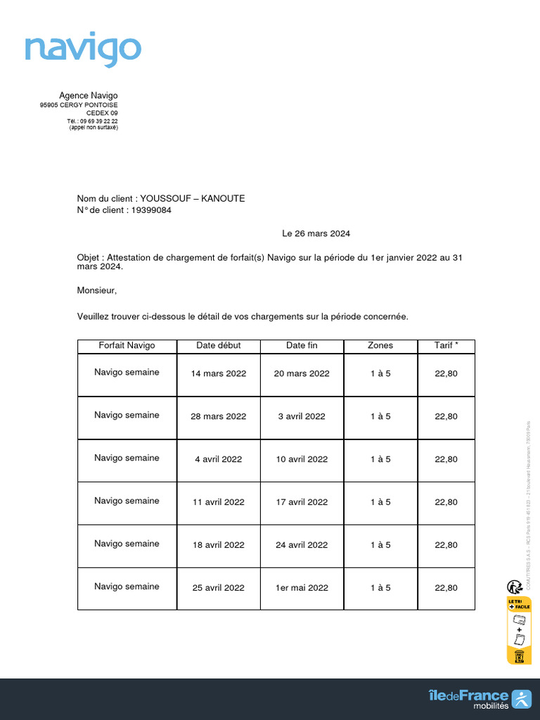 Attestation de Forfaits Navigo 2022-2024 | PDF