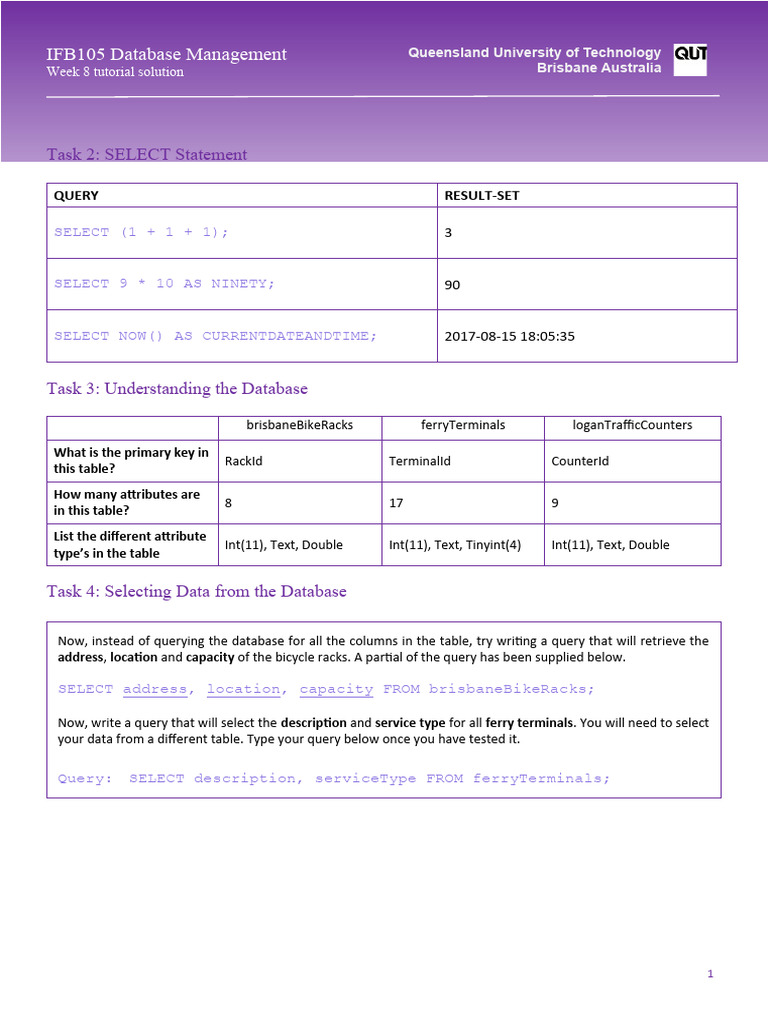 IFB105 Week 8 Tutorial Worksheet Solutions | PDF | Information ...