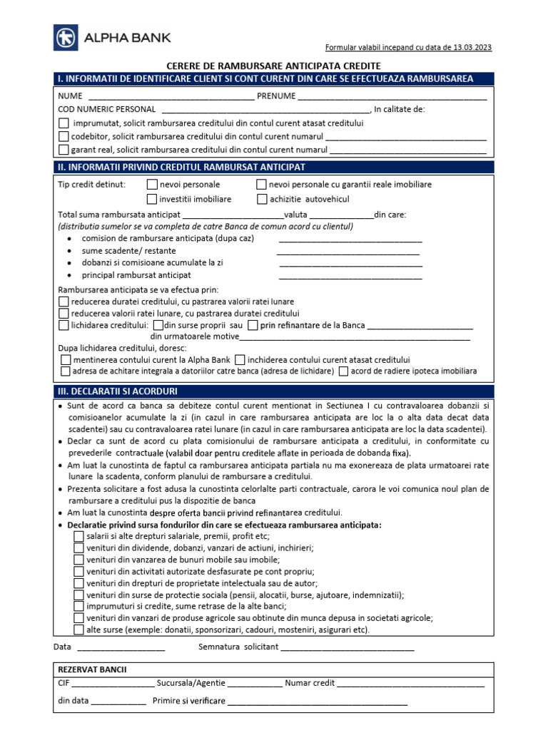 Cerere Rambursare Anticipata Credite - 13.03.2023 | PDF