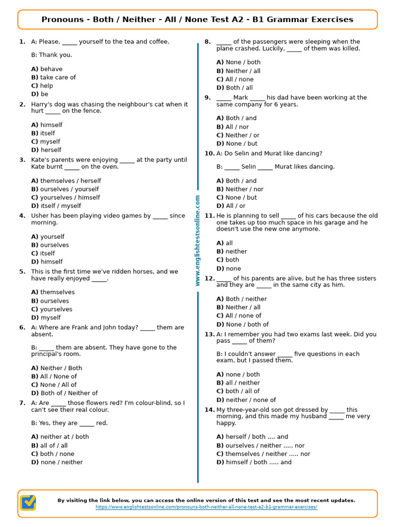 471 Pronouns Both Neither All None Test A2 b1 Grammar Exercises | PDF