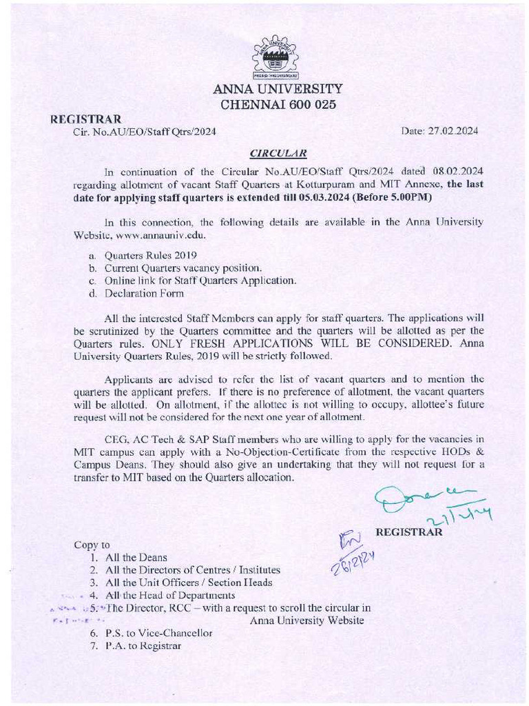 Staff Quarters Circular | PDF