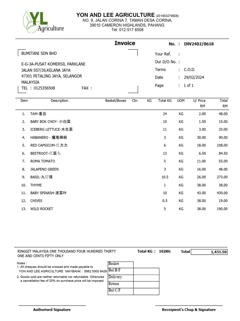 Invoice for Bumitani Sdn Bhd | PDF