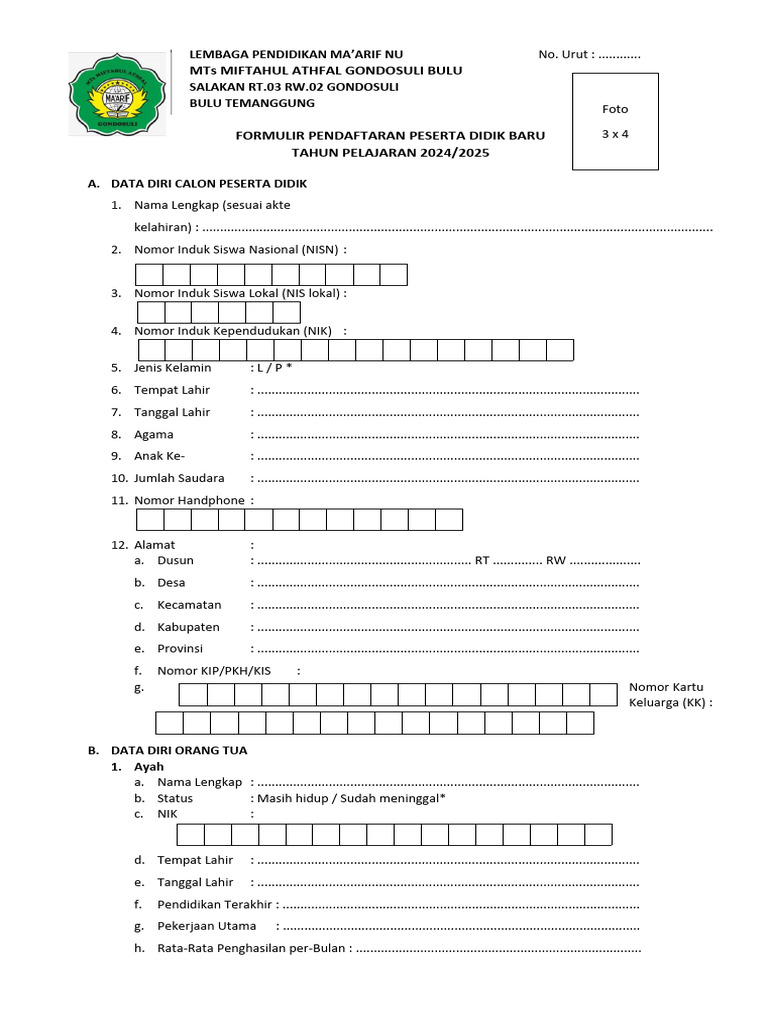 Formulir PPDB 2024 MTs | PDF | Kajian Bahasa Asing | Griya & Taman