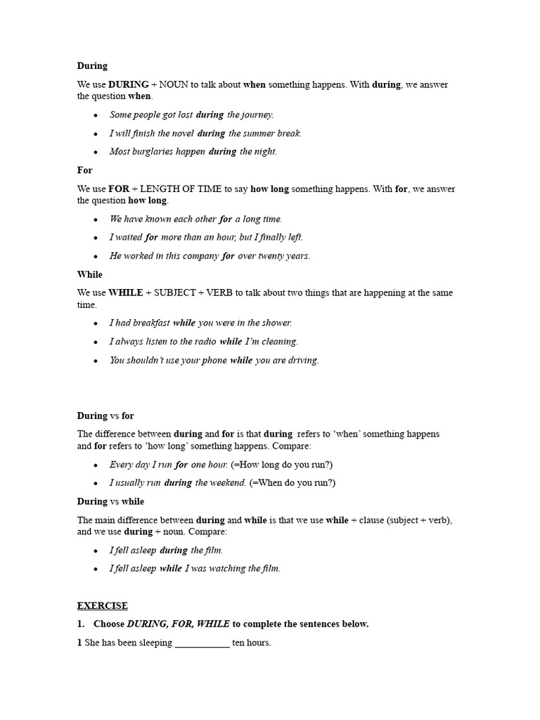 During, For, While | PDF | Sentence (Linguistics) | Language Families