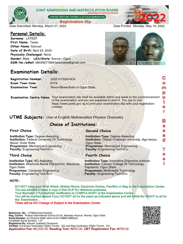 Utme Registration Slip | Download Free PDF | Computing