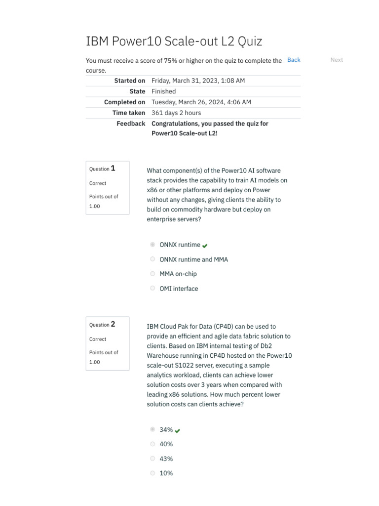 IBM Power10 Scale-Out L2 Quiz - Attempt Review | PDF | Scalability | Cloud Computing